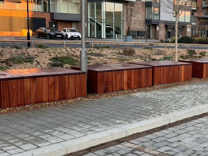 Hostile Vehicle Mitigation Seating | PAS 68 Timber Clad Seat